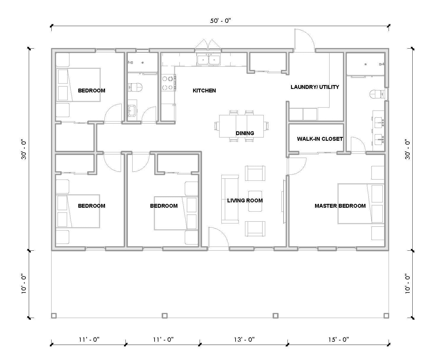 House Plan, 4 Bedroom 2 Bathroom With Porch, 1500 Sq Ft, Barndominium ...