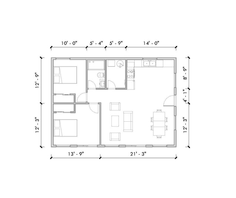 House Plan, 2 Bedroom 1 Bathroom Barndominium, 875 Sq Ft Small Home ...
