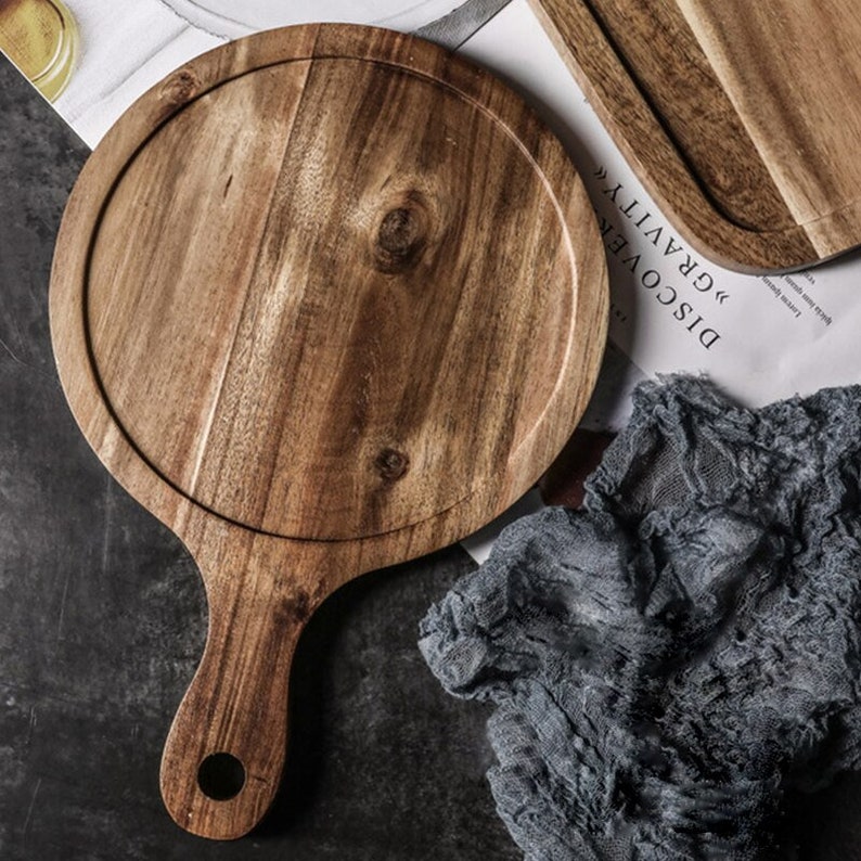Wooden Plate Round Retro Solid Wood Pizza Tray Bread Dishes Food Steak ...