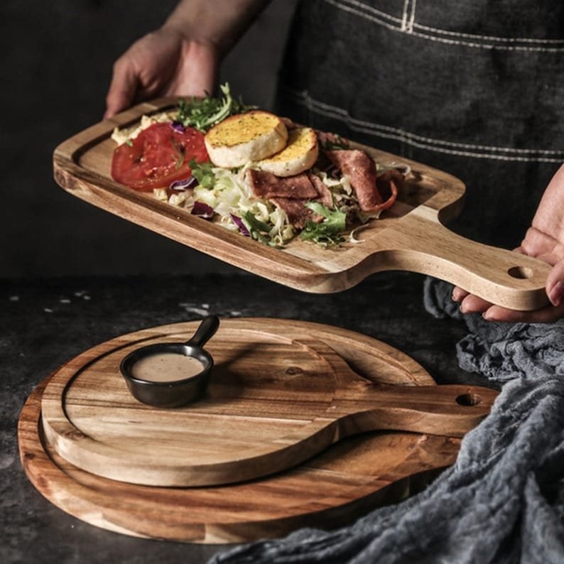 Wooden Plate Round Retro Solid Wood Pizza Tray Bread Dishes Food Steak ...