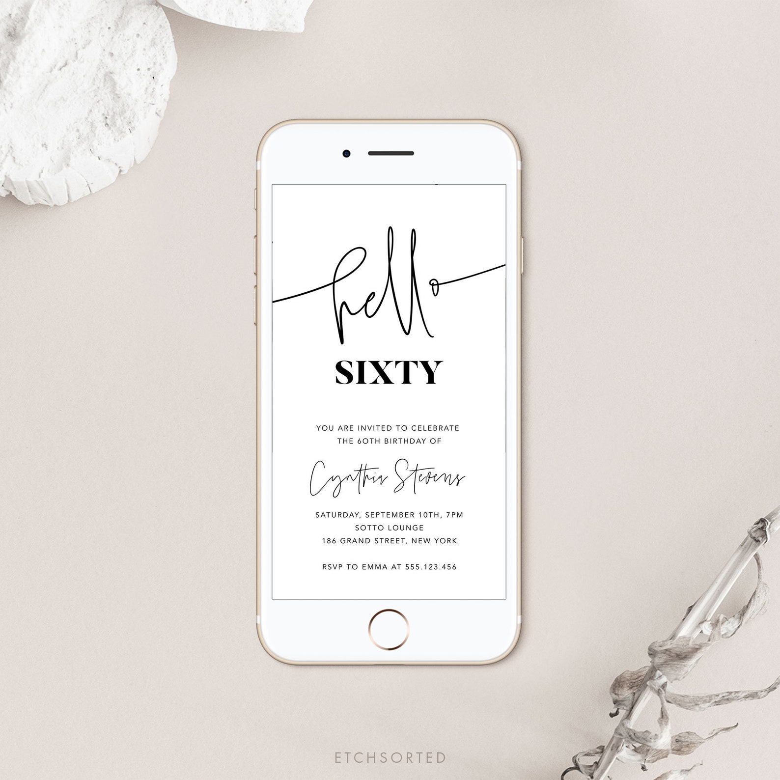 60th Birthday Invitation Template Text Invite Hello Sixty - Etsy