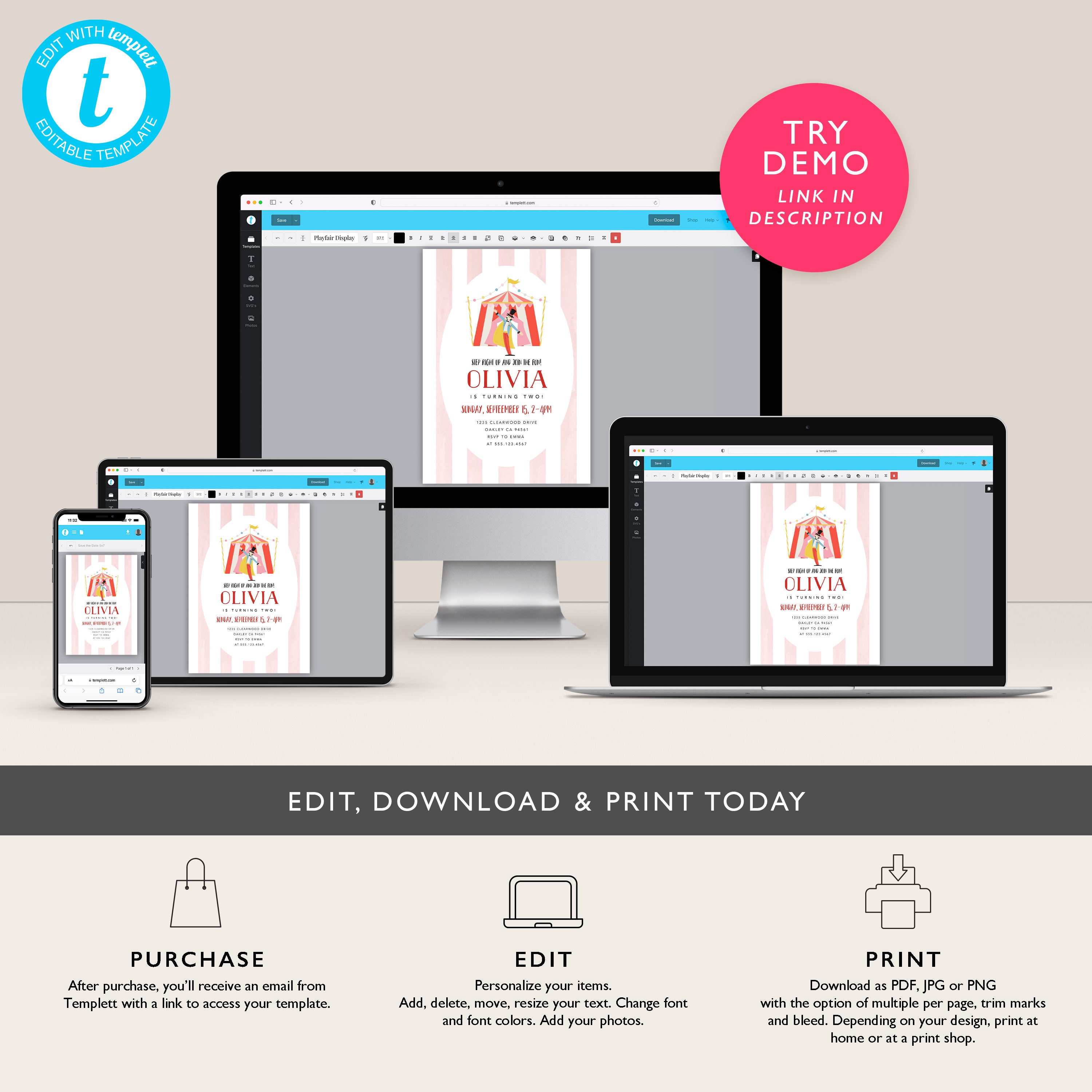 Carnival Invitation Template, Circus Party Invite Template, Girl ...