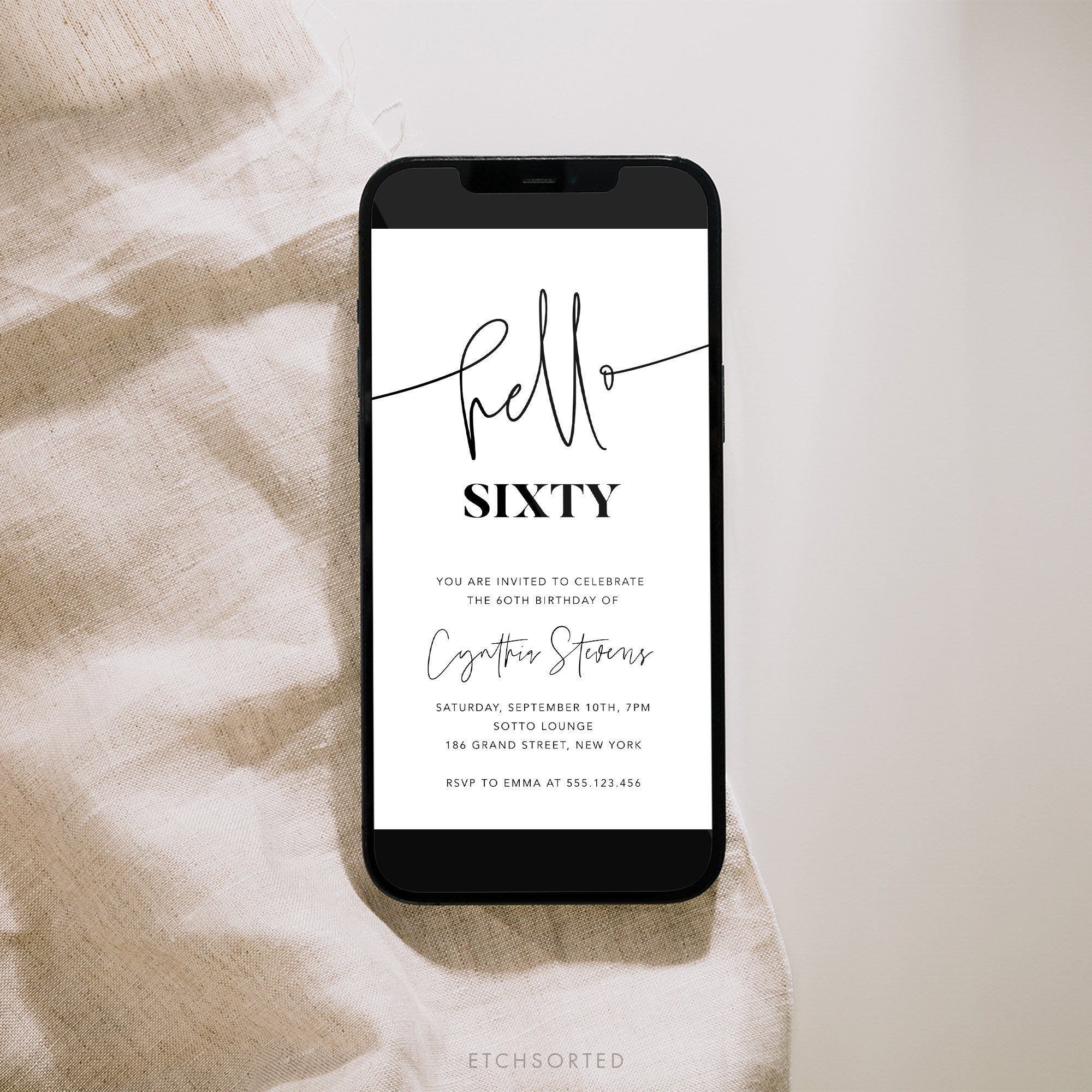 60th Birthday Invitation Template, Text Invite Hello Sixty Electronic E ...
