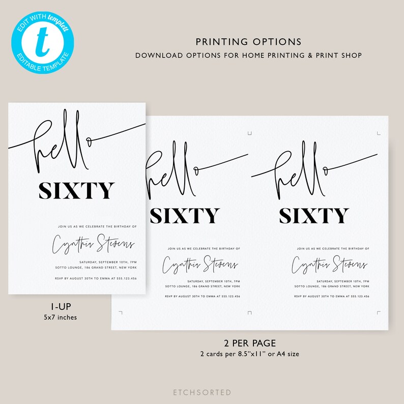 60th Birthday Invitation Hello Sixty Birthday Invite for Your - Etsy