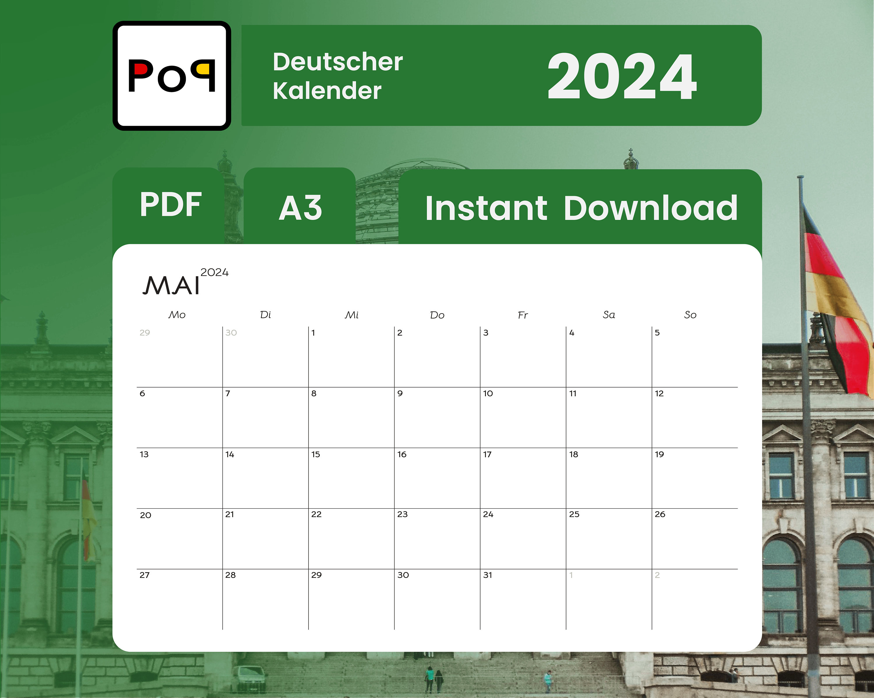 2024 German Calender Printable PDF 2024 Calender, Minimalist Calender ...