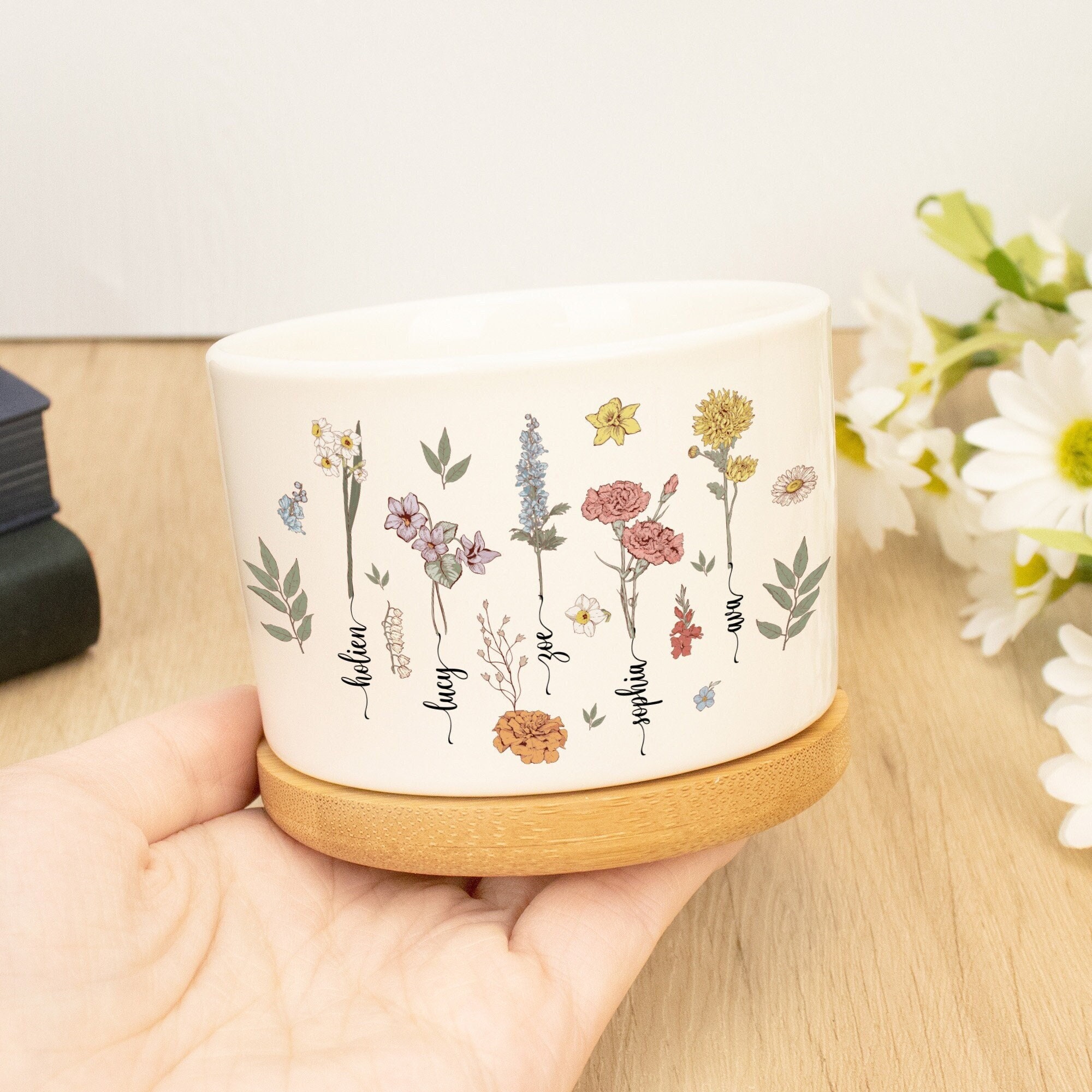 Personalized Birth Flower Ceramic Plant Pot, Custom Outdoor Flower Pot ...