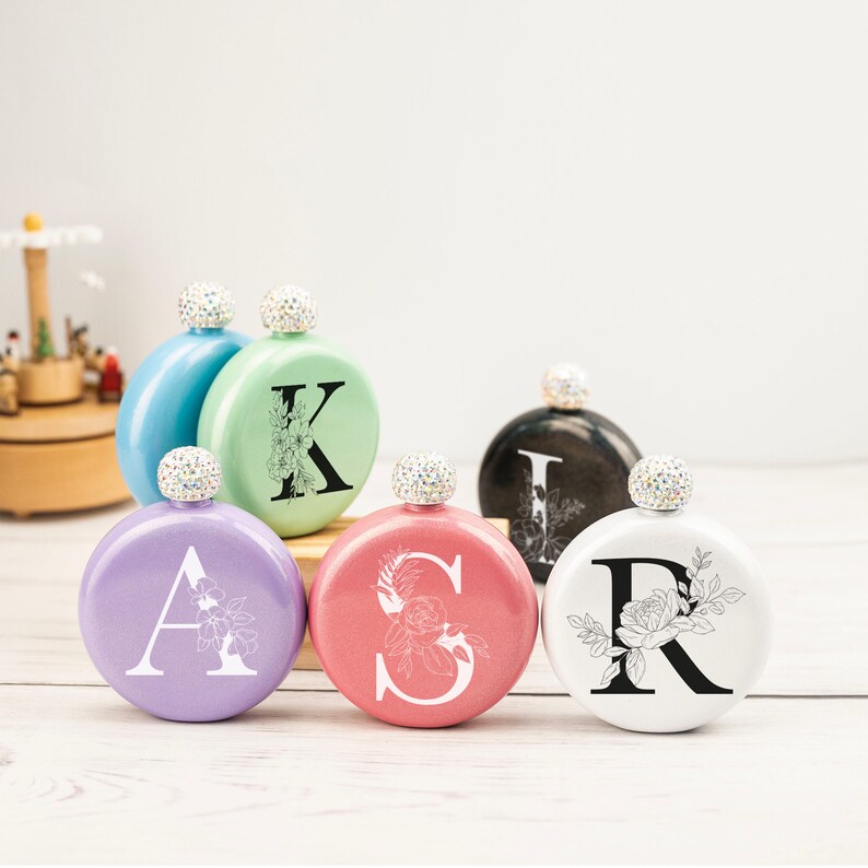 Personalized Round Flasks With Letters, 5oz Round Hip Flask, Bridesmaid ...