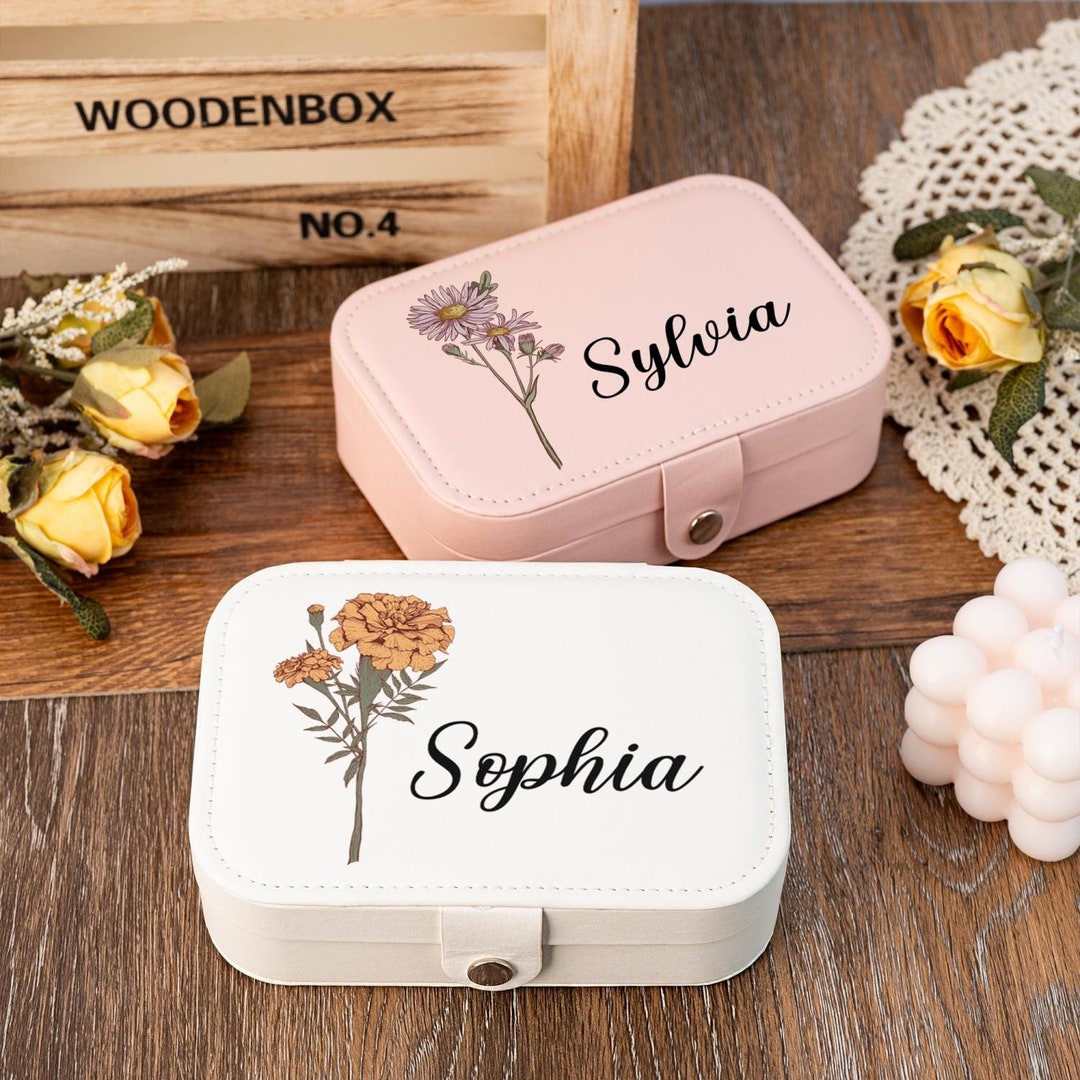 Personalized Jewelry Box With Birth Flower, Custom Travel Jewelry Case ...