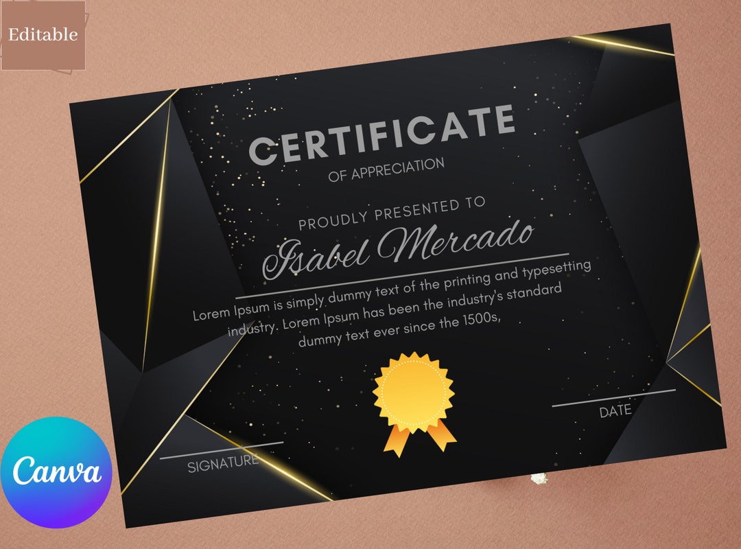 Editable Certificate of Appreciation Gold and Black| Custom Award ...