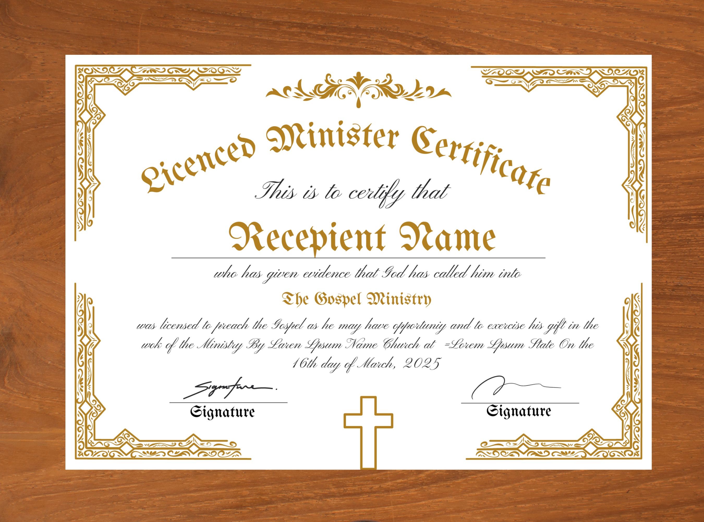 Editable Licensed Minister Certificate Template Printable Vintage ...