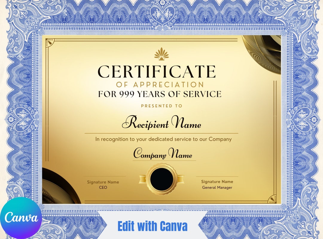 Editable Years of Service Award Certificate Template (digital Download ...