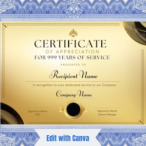 Editable Years of Service Award Certificate Template (digital Download ...