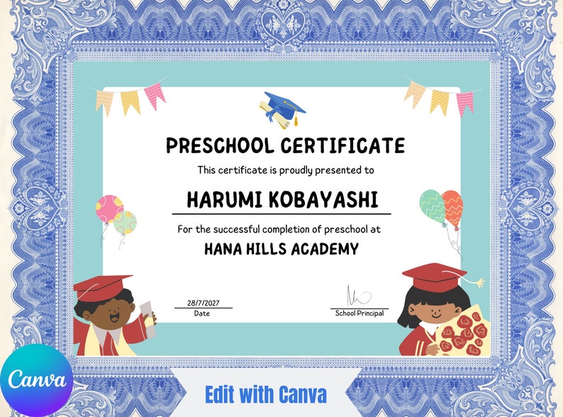 Editable Preschool Certificate| Printable Customizable Preschool ...