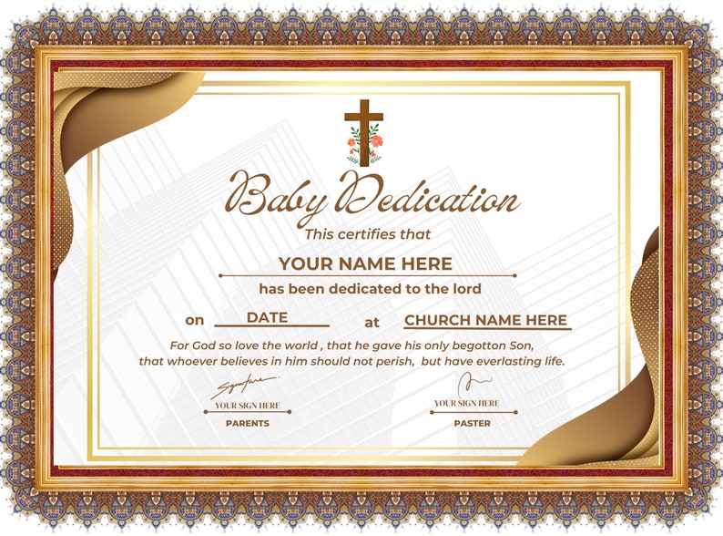 Editable Baby Dedication Certificate Template: Printable Church ...