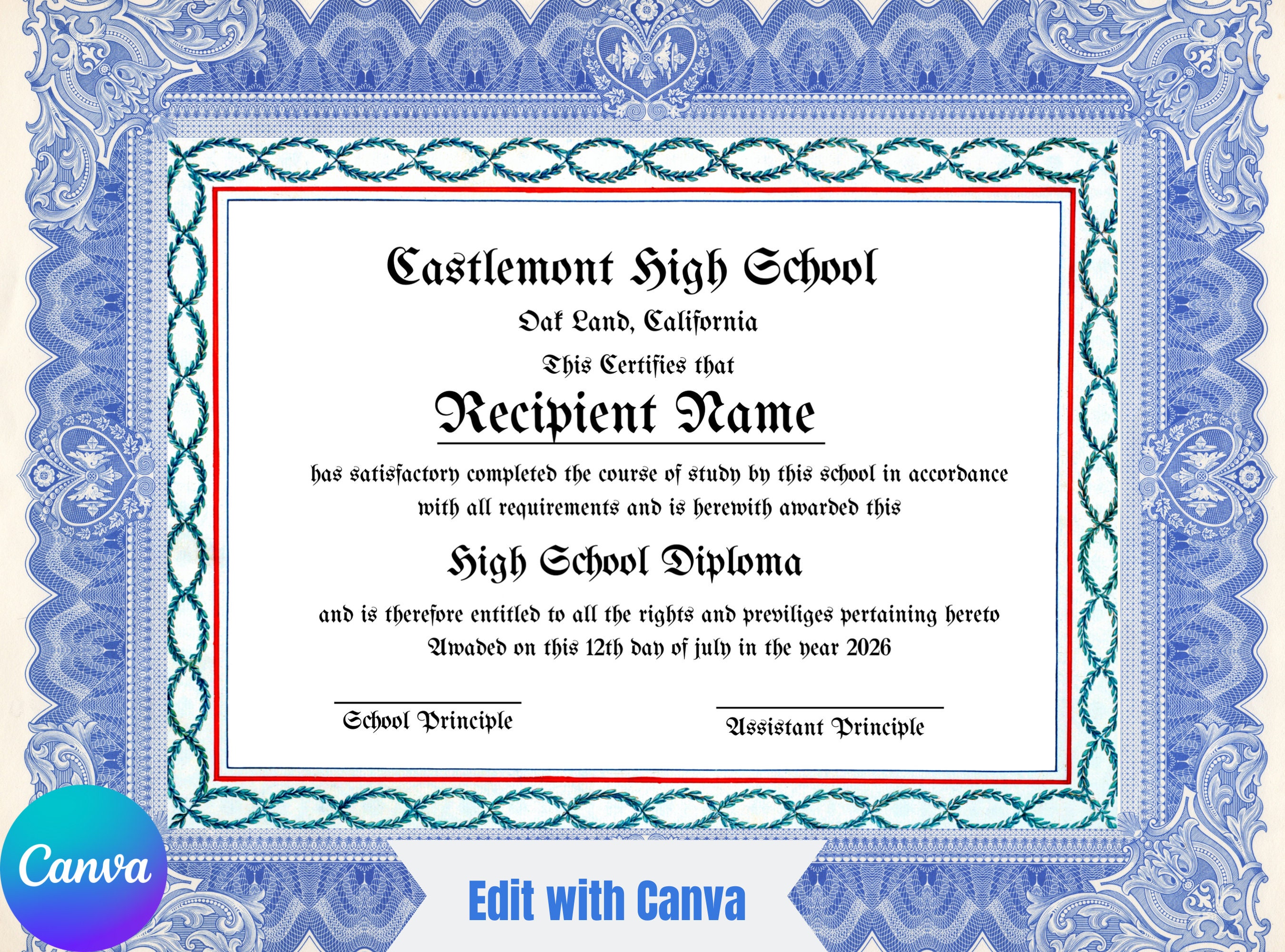 Editable High School Diploma Template: Canva Printable (11x8 Inches) - Etsy
