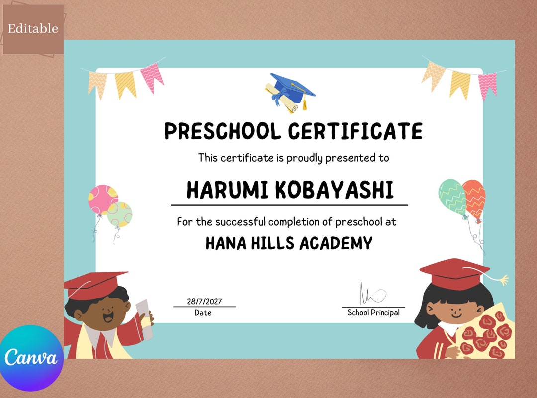 Editable Preschool Graduation Certificate Template: Canva Design ...