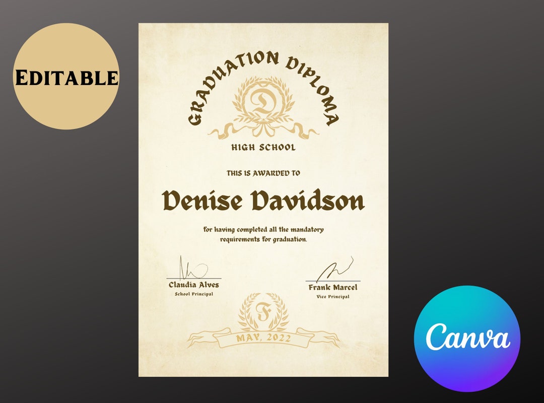 Editable High School Diploma Template: Keepsake Certificate (canva) - Etsy