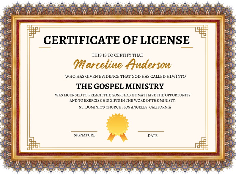 Editable Minister License Certificate Template (PDF) - Etsy