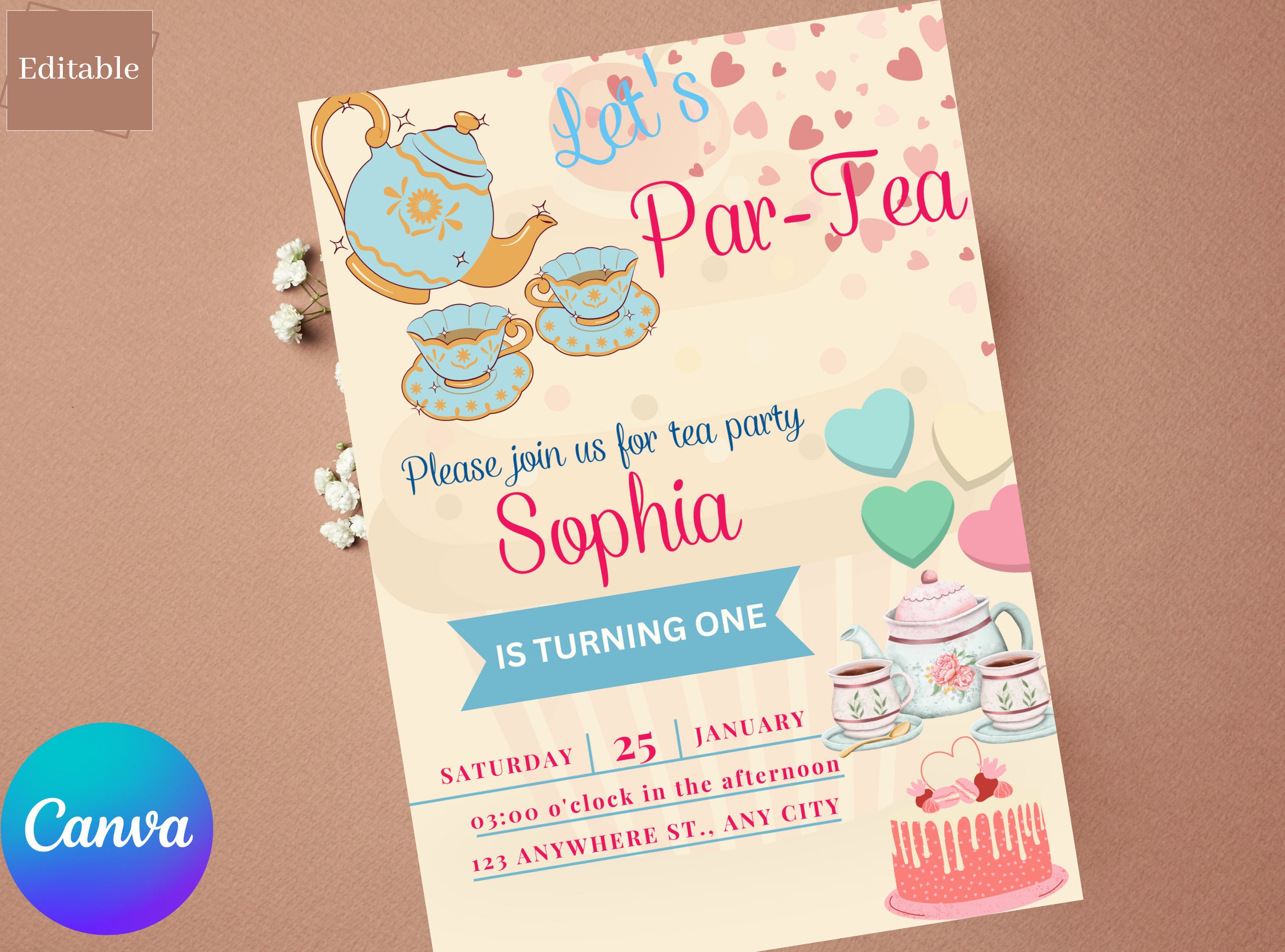 EDITABLE Tea Party Birthday Invitation, Pink and Gold Par-tea Invite ...
