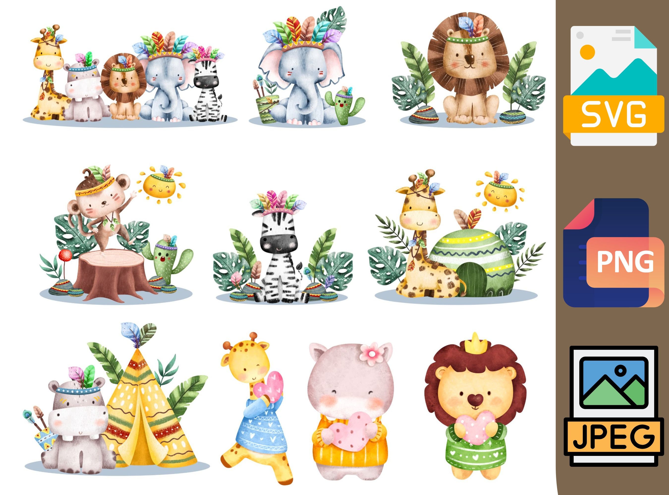 Safari Animals SVG Safari Svg Watercolor Safari Animals Clipart Cute ...