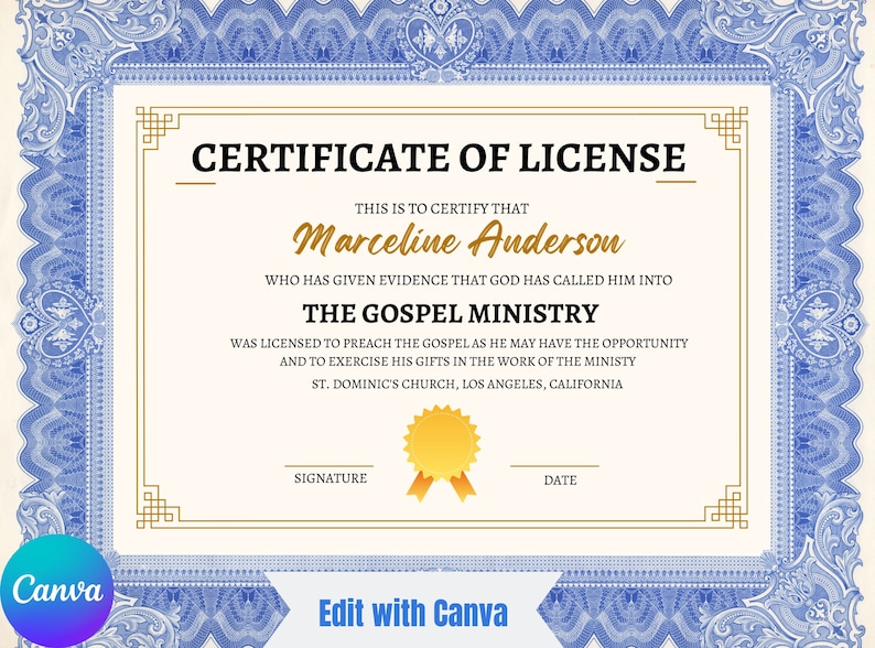 Editable Minister License Certificate Template (PDF) - Etsy