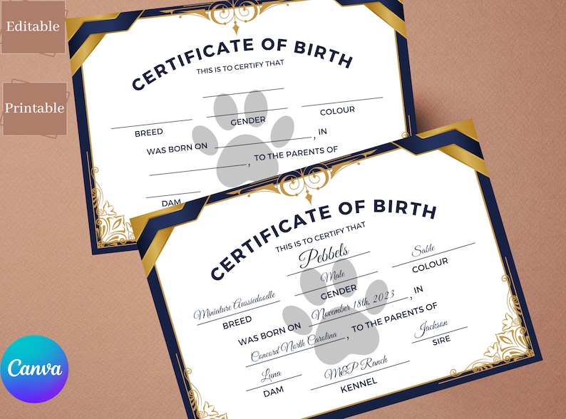 Puppy Birth Certificate | Editable Canva Puppy Birth and Adoption ...