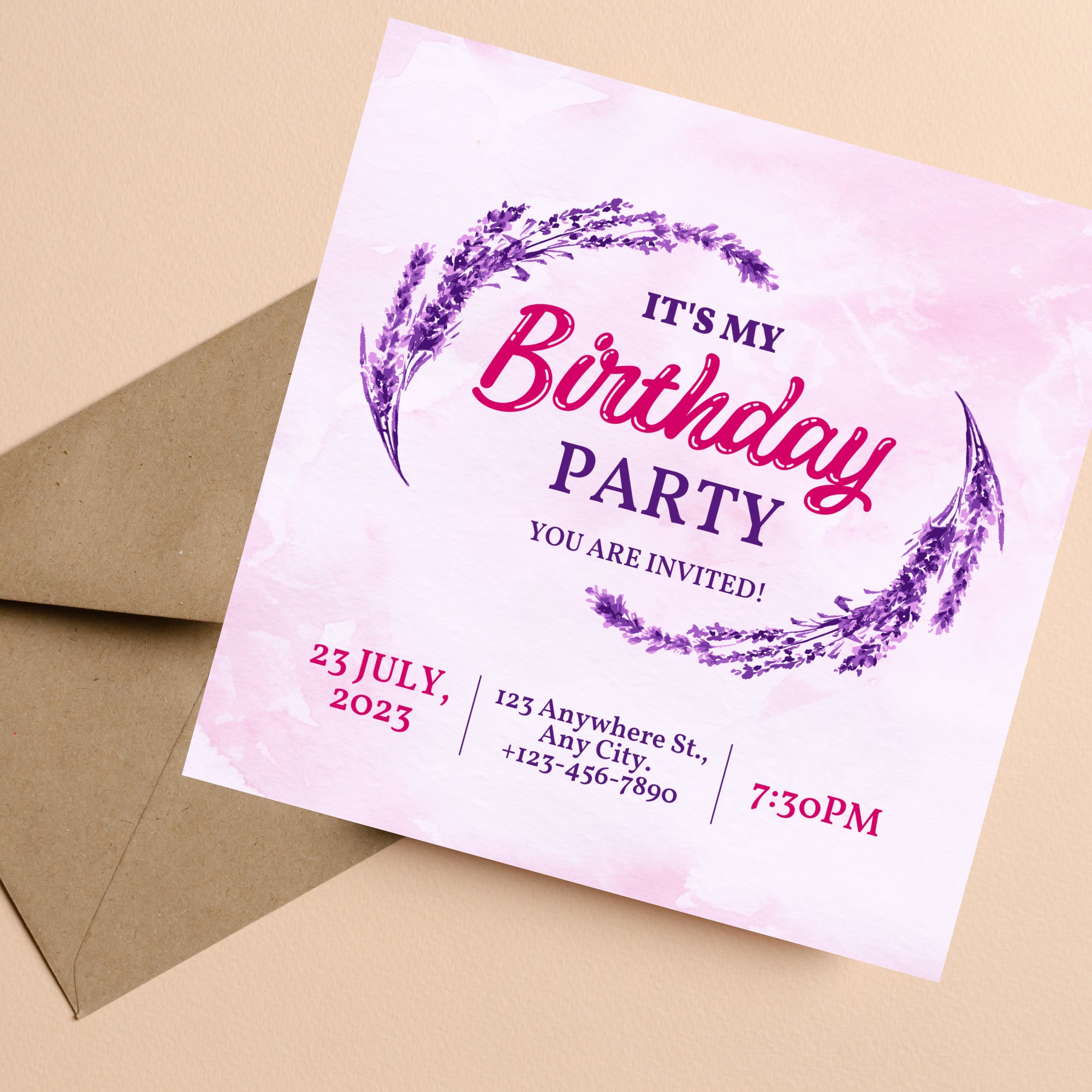Editable Pink and Purple Birthday Invitation Purple Lover Birthday ...