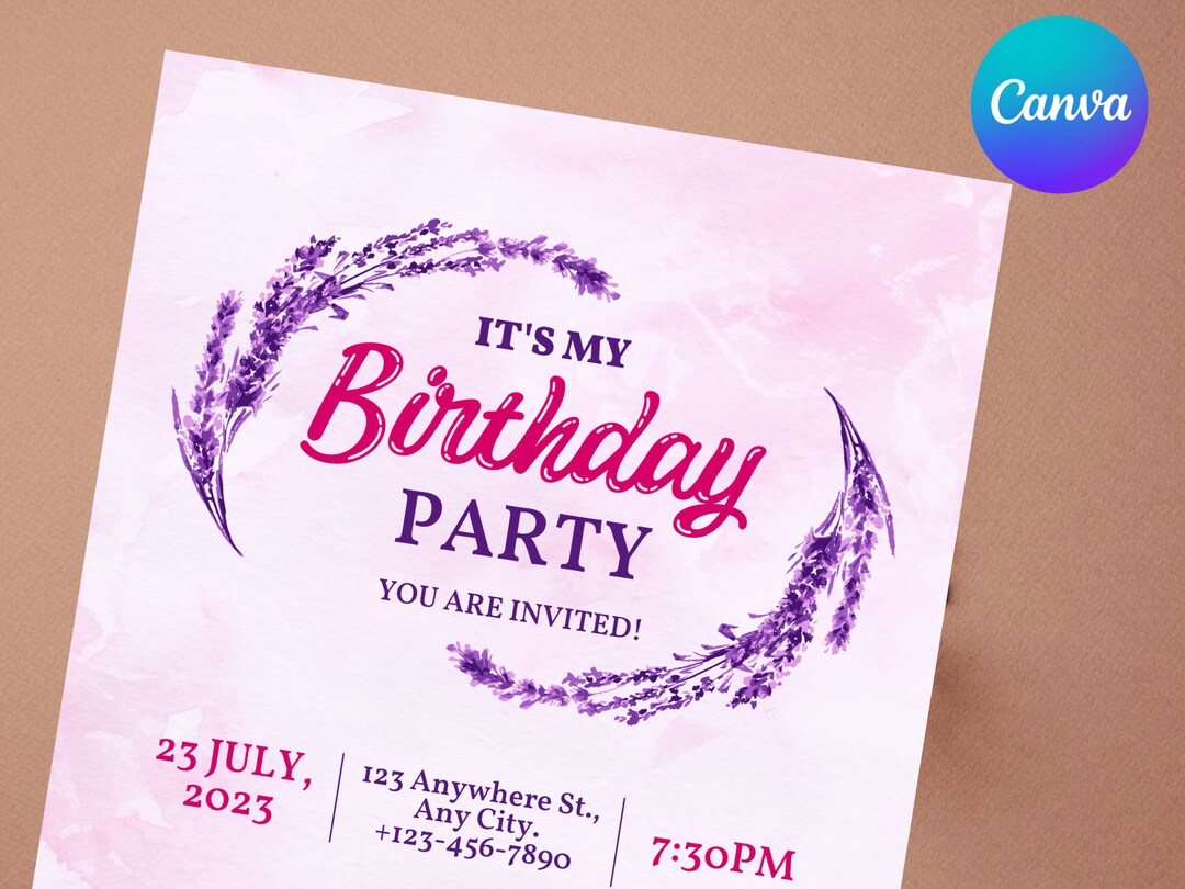 Editable Pink and Purple Birthday Invitation\ Purple Lover Birthday ...