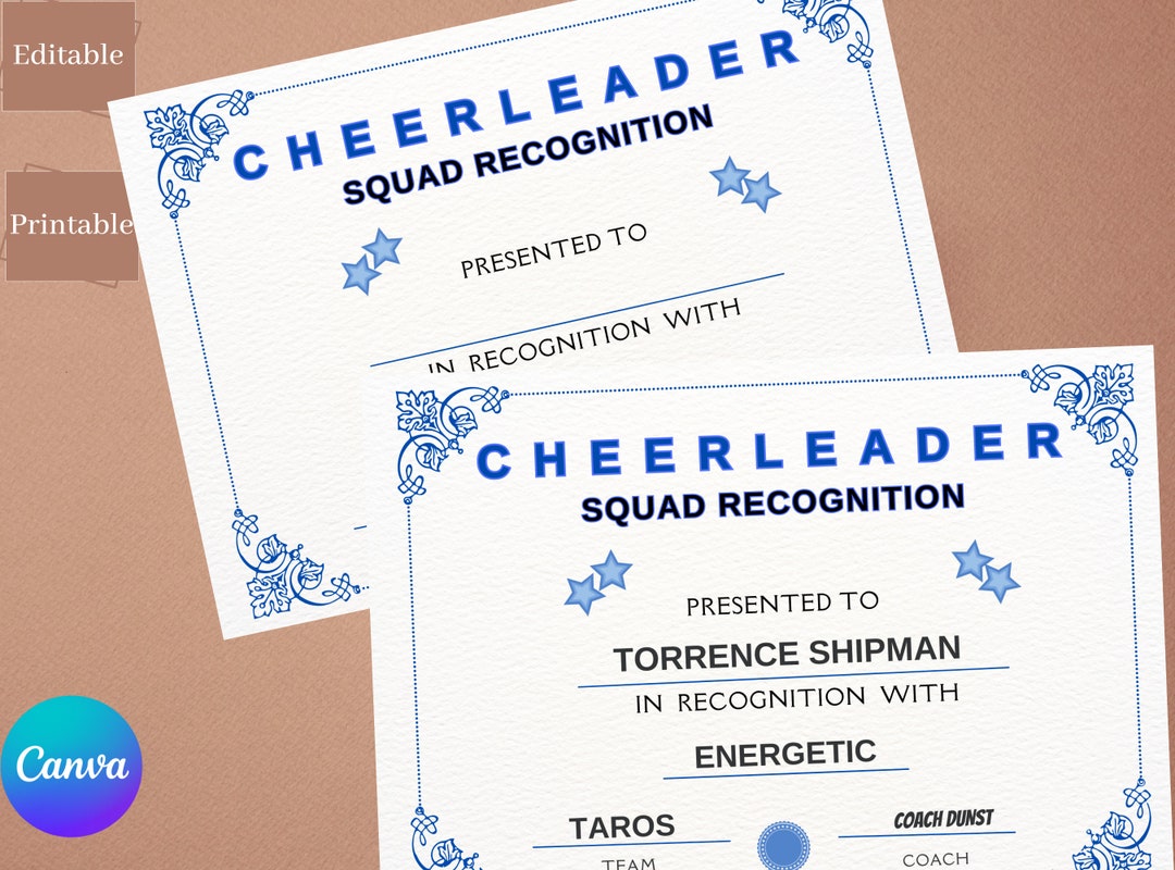 Customizable Cheerleader Award Certificate: Printable Sport Award (PDF ...