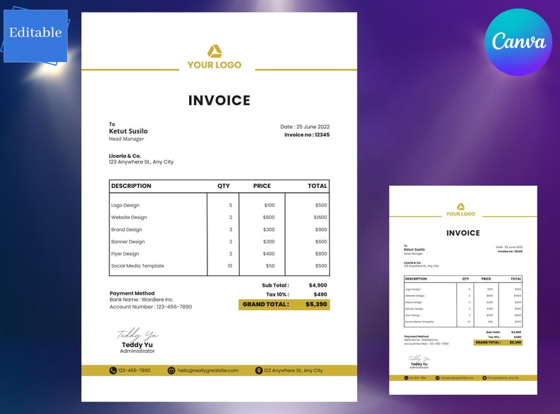 Invoice and Receipt Template Canva Professional Editable Design ...