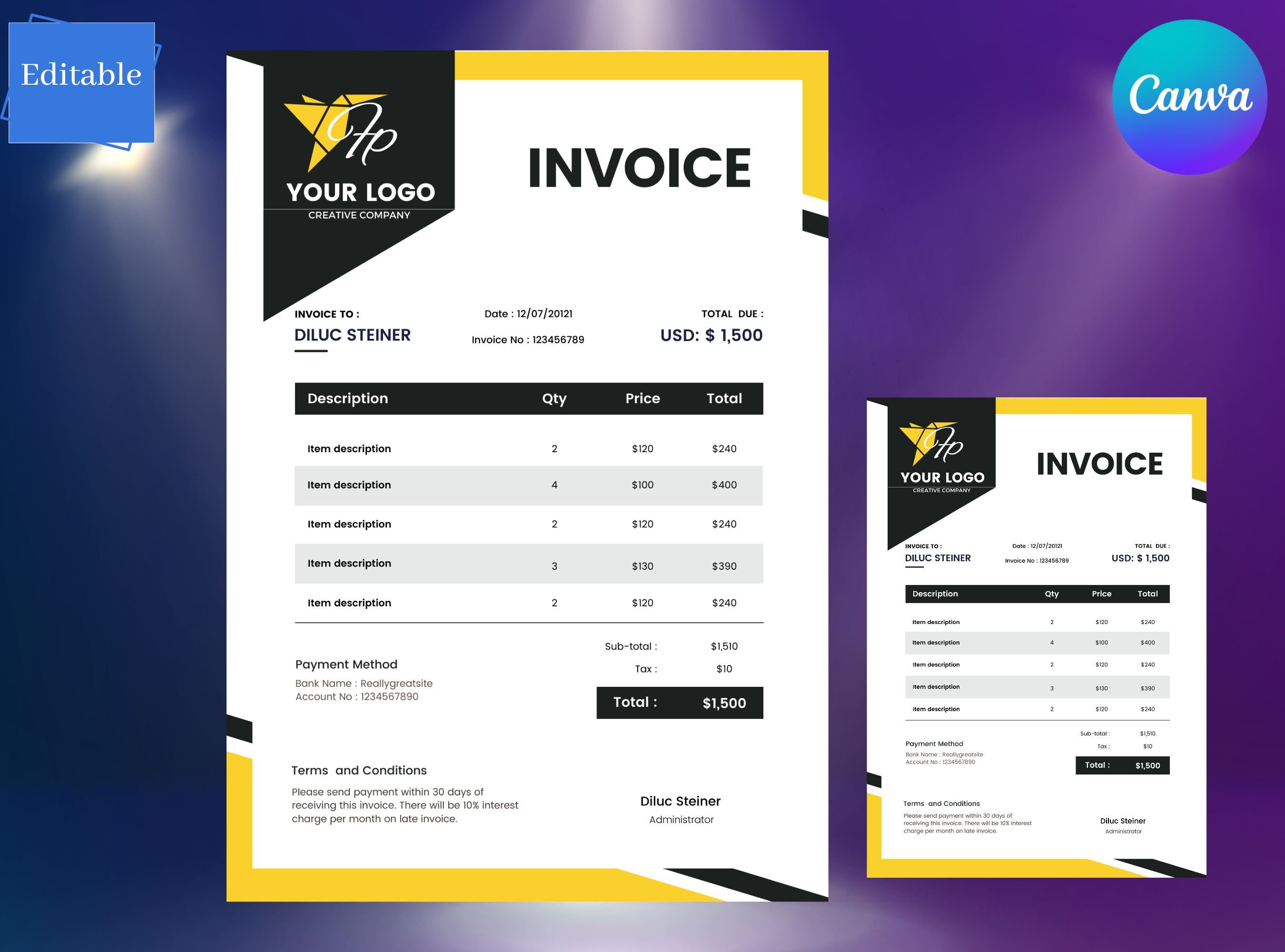 Invoice Template Business Invoice Printable Invoice Editable Invoice ...