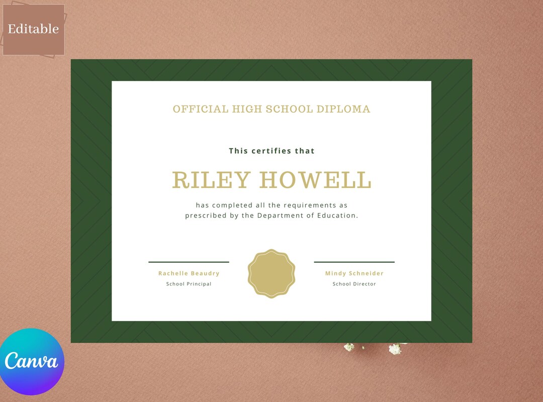Editable High School Diploma Template Personalized Name High School ...