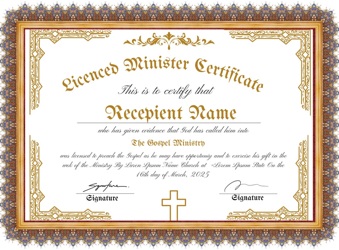 Editable Licensed Minister Certificate Template Printable Vintage ...