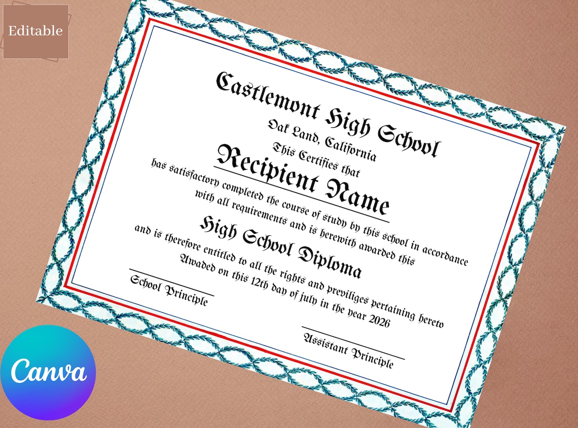 Editable High School Diploma Template Canva Editable Homeschool Diploma ...
