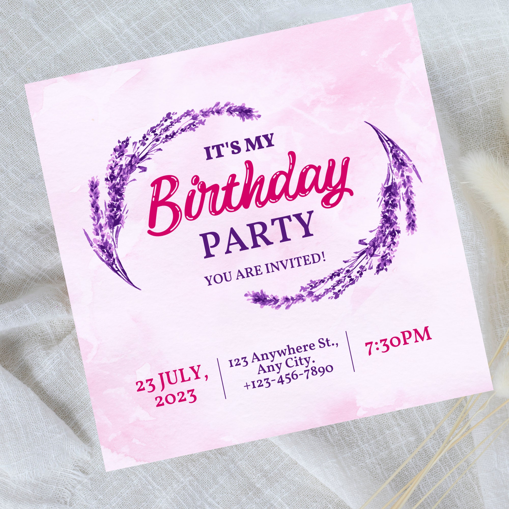 Editable Pink and Purple Birthday Invitation Purple Lover Birthday ...