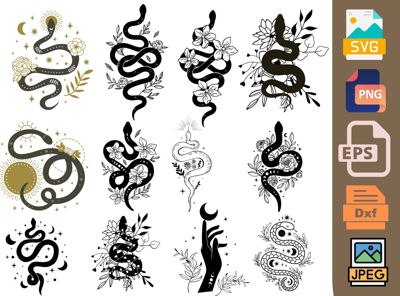Snake Svg Bundle\ Floral Snake Svg\ Celestial Snake Svg\ Snake With ...