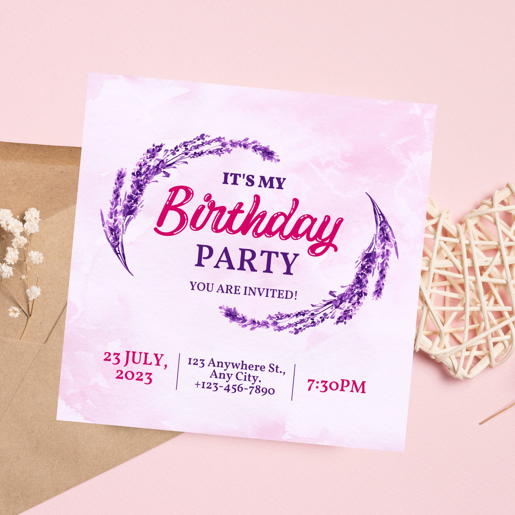 Editable Pink and Purple Birthday Invitation Purple Lover Birthday ...