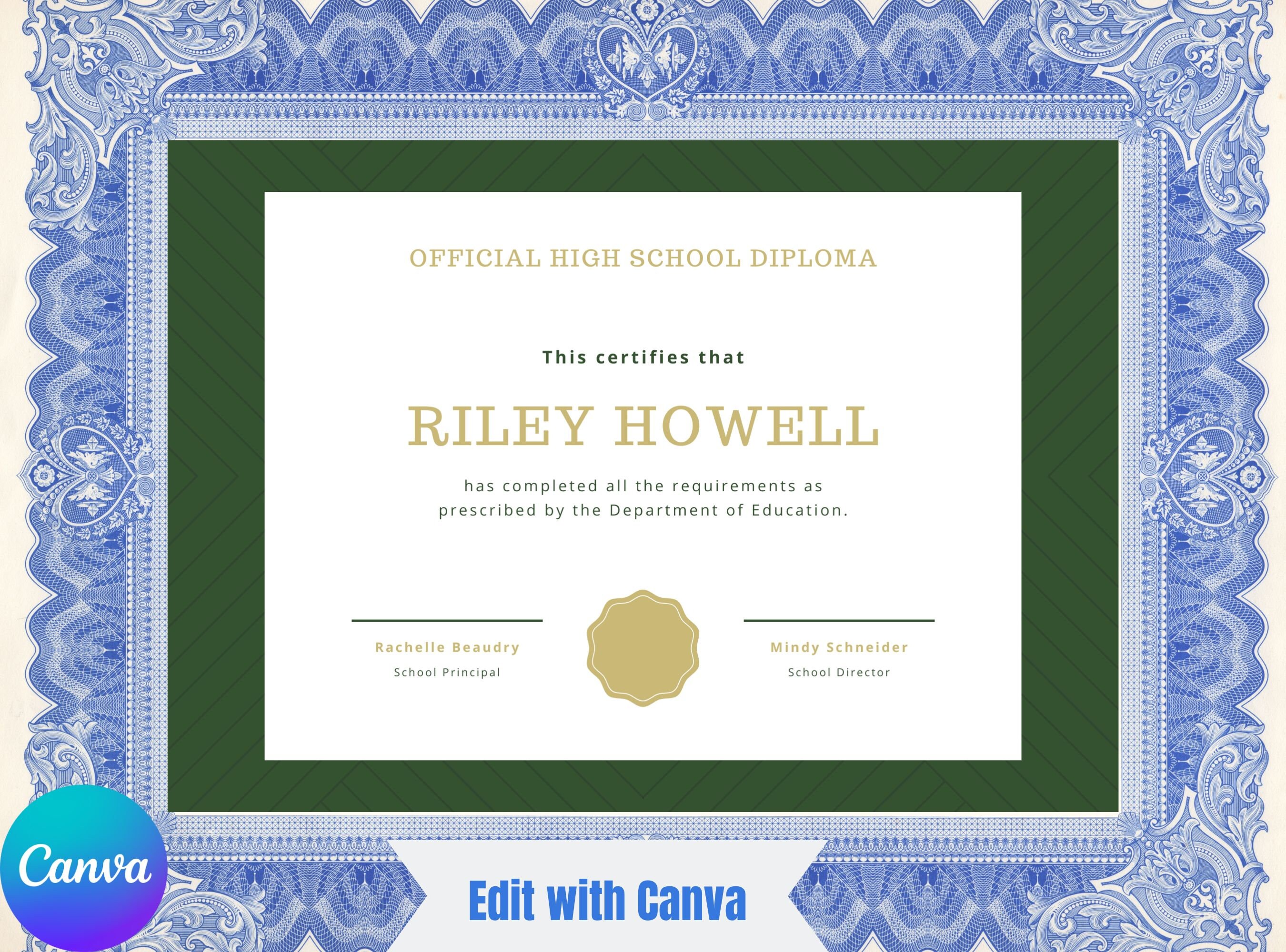 Editable High School Diploma Template Personalized Name High School ...