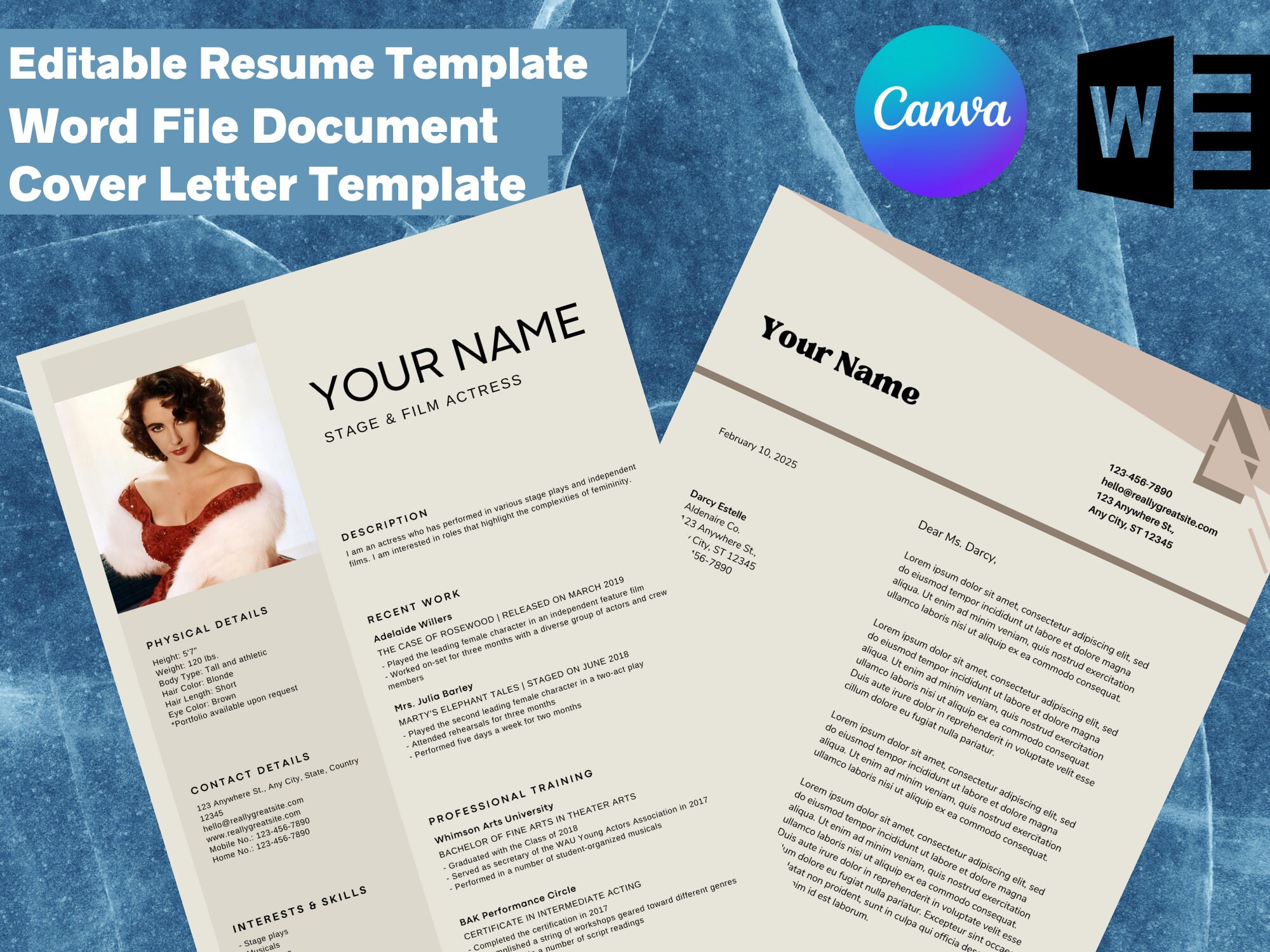 Actor Resume Template/ Resume and Cover Letter Template/ Canva Resume ...