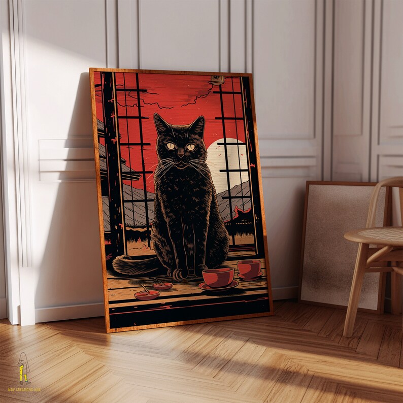 Black Cat Ukiyo-e Poster, Digital Art, Japanese Wall Art, Living Room ...