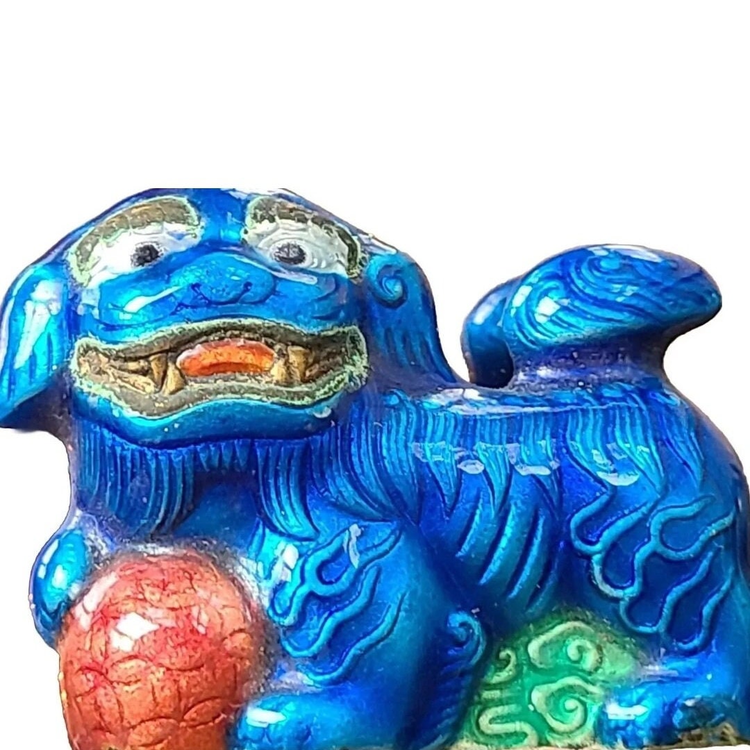 Vintage Blue Enamel Brass Miniature Chinese Foo Dog Made in China Decor ...