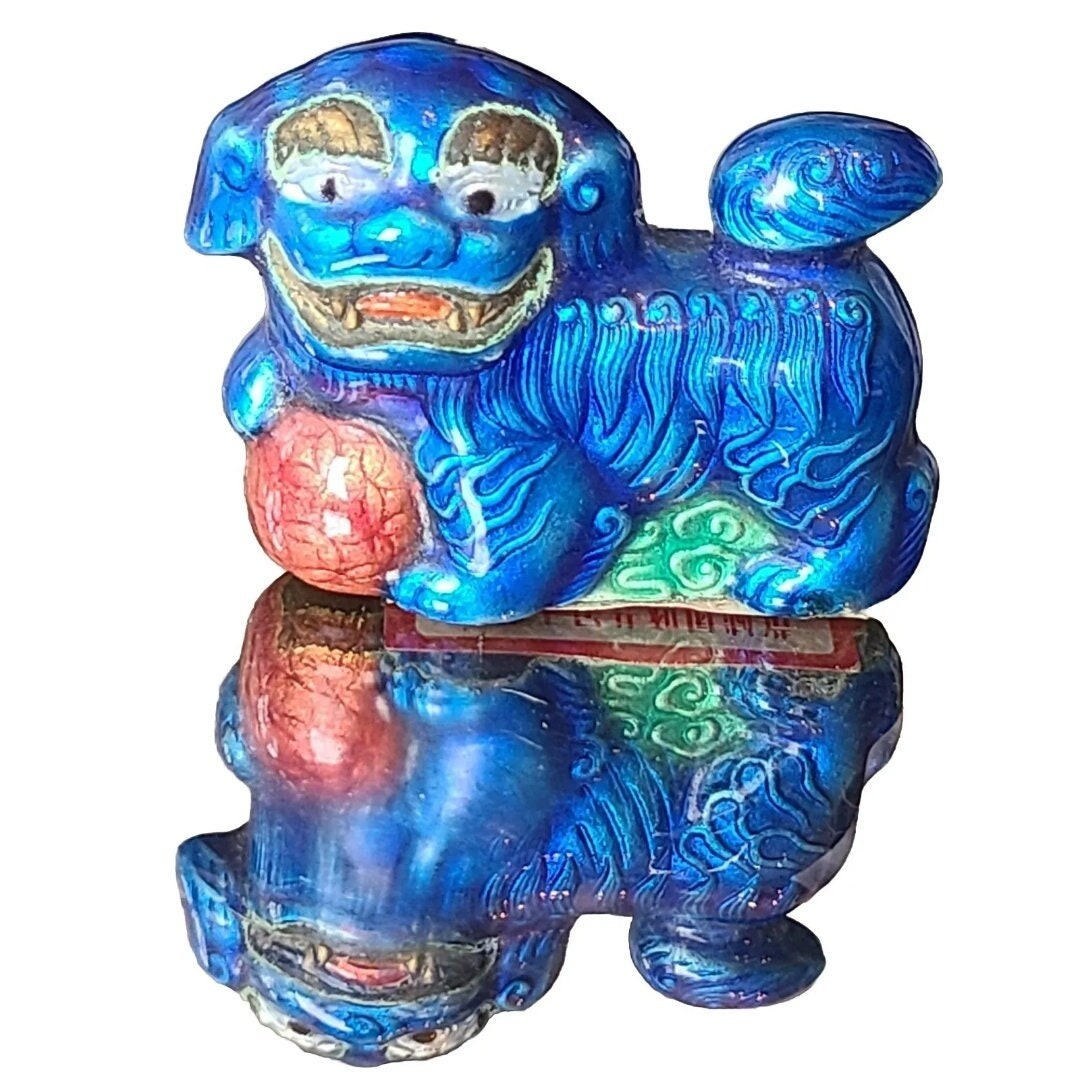 Vintage Blue Enamel Brass Miniature Chinese Foo Dog Made in China Decor ...