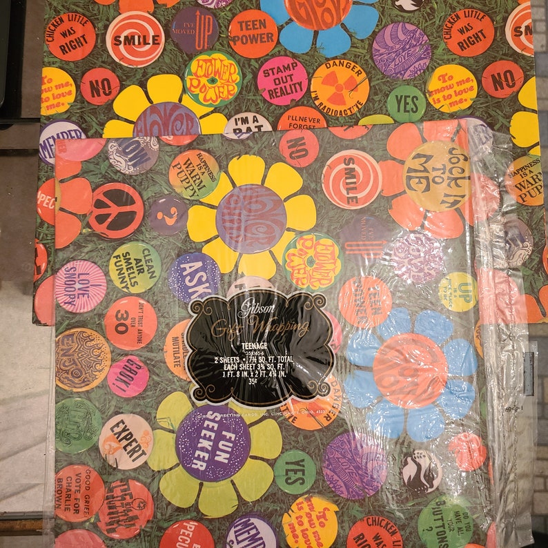 RARE Vintage 1960s HIPPIE FLOWER Power Gibson's Christmas Wrapping ...