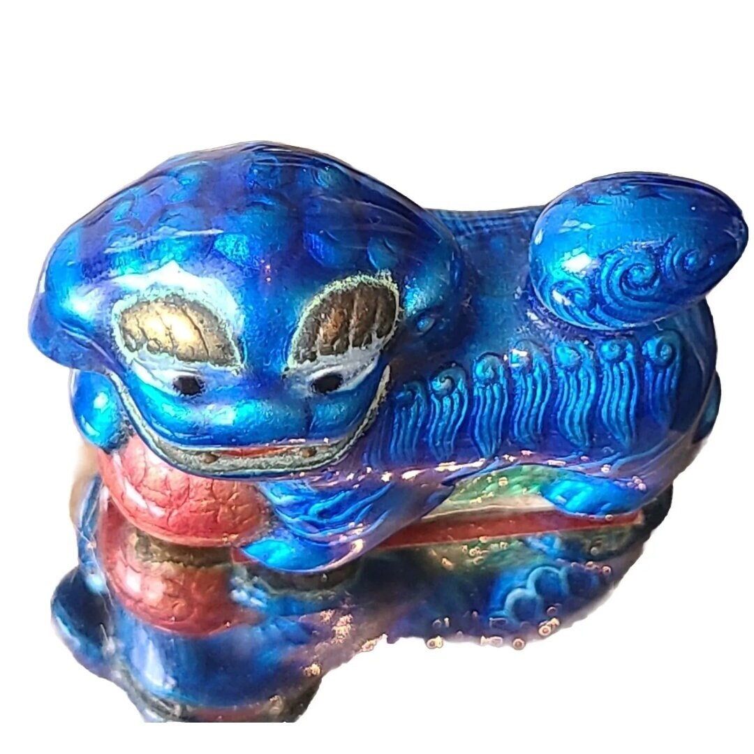 Vintage Blue Enamel Brass Miniature Chinese Foo Dog Made in China Decor ...