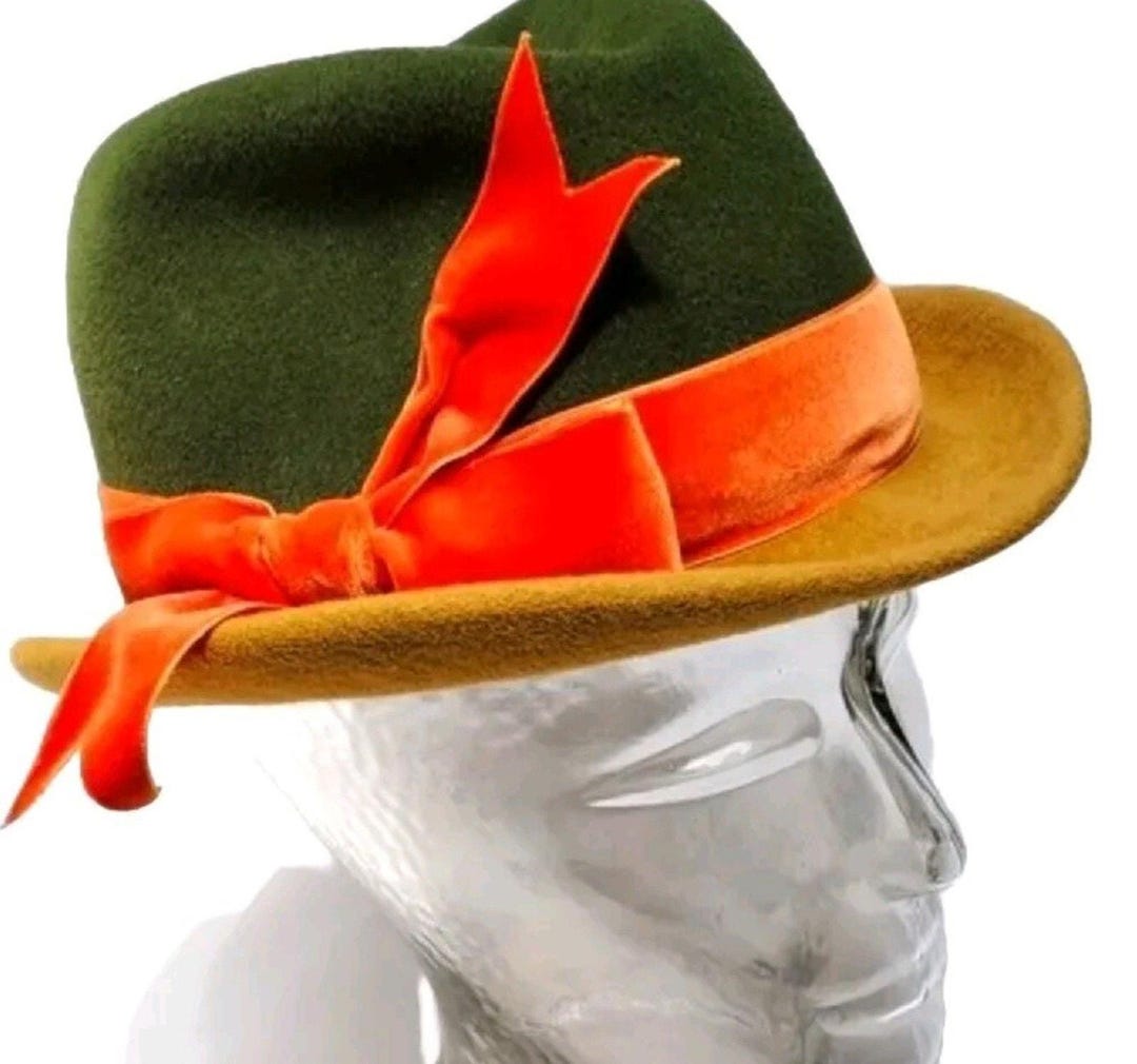 Vintage Green Gold Wool Felt Bowler Hat Orange Ribbon Cloche Hat Frank ...