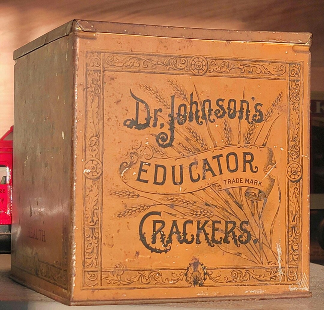 DR Johnsons EDUCATOR Cracker Tin Lithograph AD Container Box Hindged ...