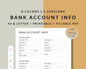 Bank Account Information Tracker Printable, Bank Account Log, Bank ...
