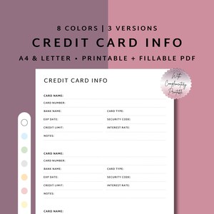 Credit Card Information Tracker Printable & Fillable, Credit Card Log ...