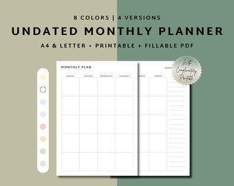 Undated Monthly Planner Printable, Month at A Glance, Monthly Calendar ...