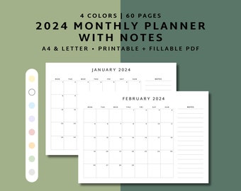 2024 Monthly Planner Printable, Dated Month on 1 Page, 2024 Calendar ...